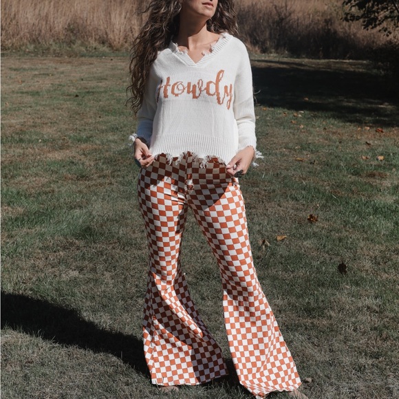 Jeans | Checker Denim Stretchy High Waist Boho Bell Bottom Flare Jeans ...